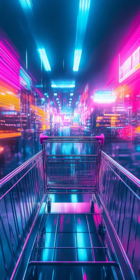 A Shopping Cart is in a Neon-lit Shopping Mall Stock Illustration ...