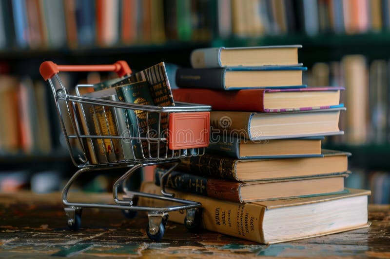 A Shopping Cart Overflowing with Books in a Library Setting Symbolizing ...