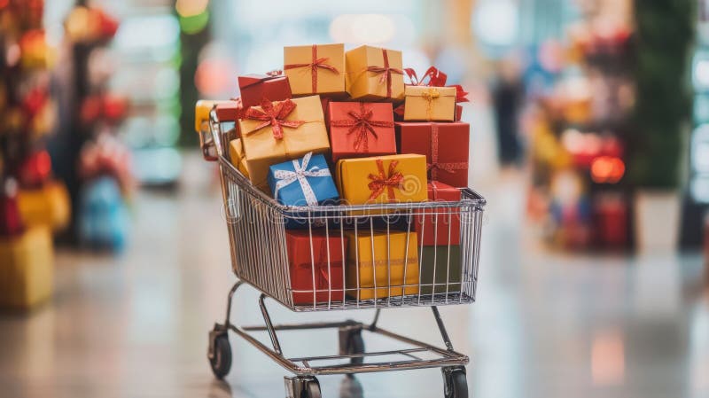 Shopping Cart Overflowing with Colorful Gift Boxes in Mall Stock Image ...