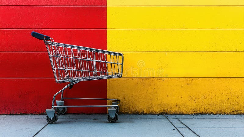 Shopping Cart Positioned in Front of Bright Red and Yellow Wall Stock ...