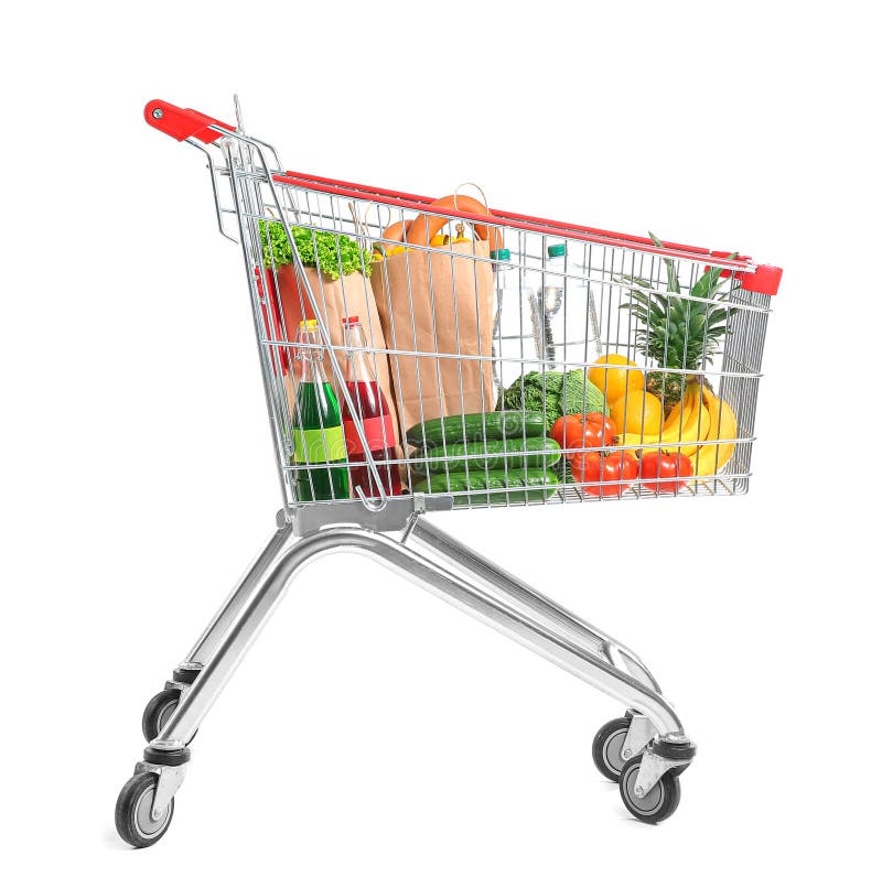 Shopping Cart with Products on White Background Stock Photo - Image of ...