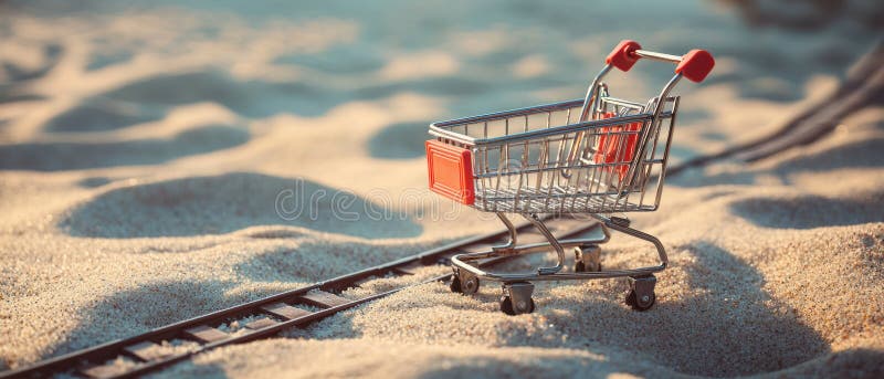 Shopping Cart on Sand Dune Tracks Symbolizes E Commerce Evolution in Vintage Style Stock Image ...