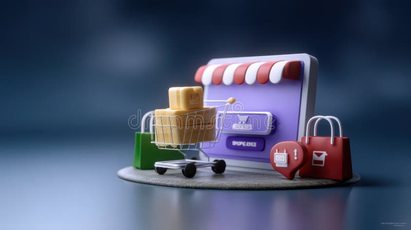 A Shopping Cart is Shown with a Shopping Cart Icon on a Screen Stock ...