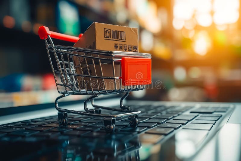 A Shopping Cart Sitting on Top of a Laptop Computer Stock Photo - Image ...