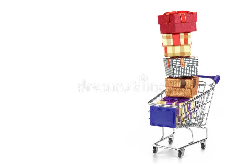Shopping Cart with Stack of Gift Boxes Isolated on White Stock Photo ...