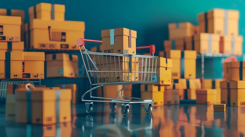 A Shopping Cart is in a Warehouse Full of Boxes Concept of Online ...