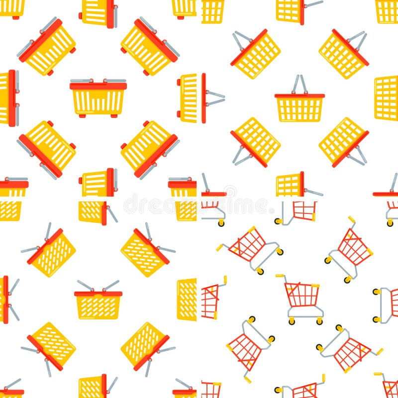 Shopping Carts and Baskets Forming a Seamless Pattern on White ...