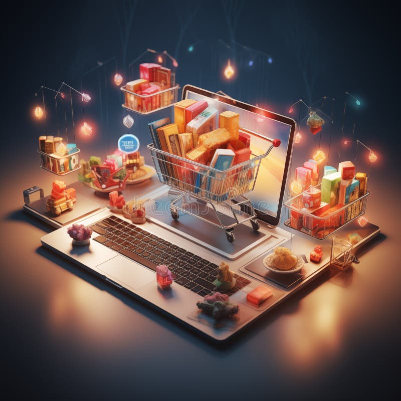 Shopping Carts and Laptop for Shopping Online Concept Design. Stock ...