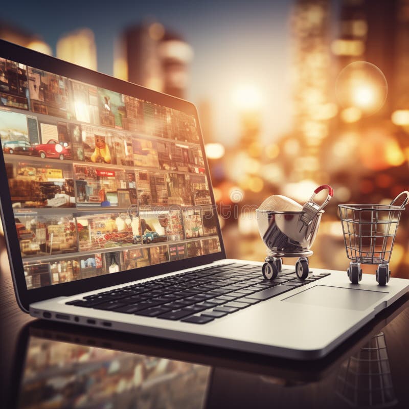 Shopping Carts and Laptop for Shopping Online Concept Design. Stock ...