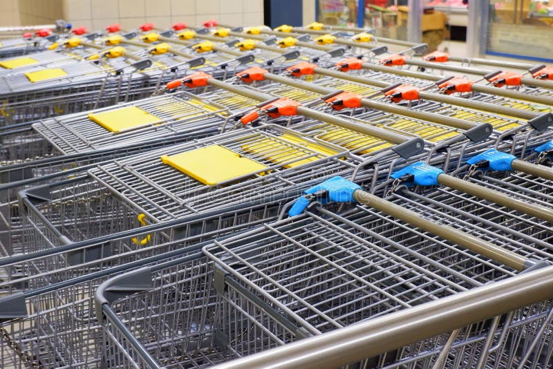 Shopping Carts Stacked in a Supermarket Stock Photo - Image of ...