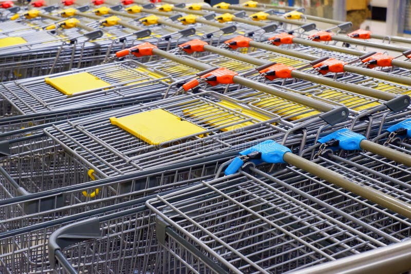 Shopping Carts Stacked in a Supermarket Stock Image - Image of discount ...