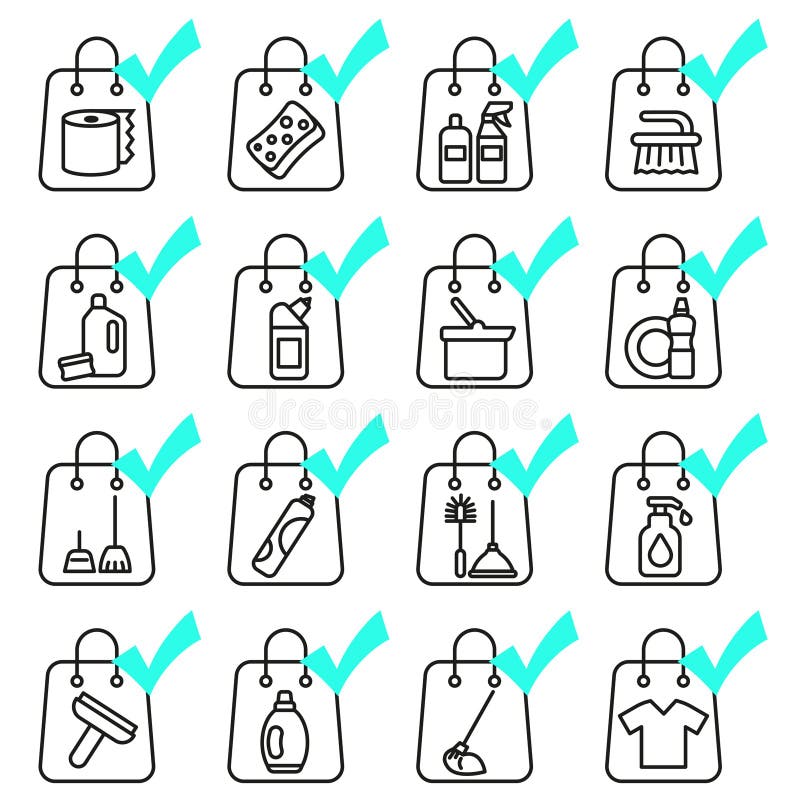 Shopping Cleaning Symbols with Checkmarks. Set of Linear Icons on the ...