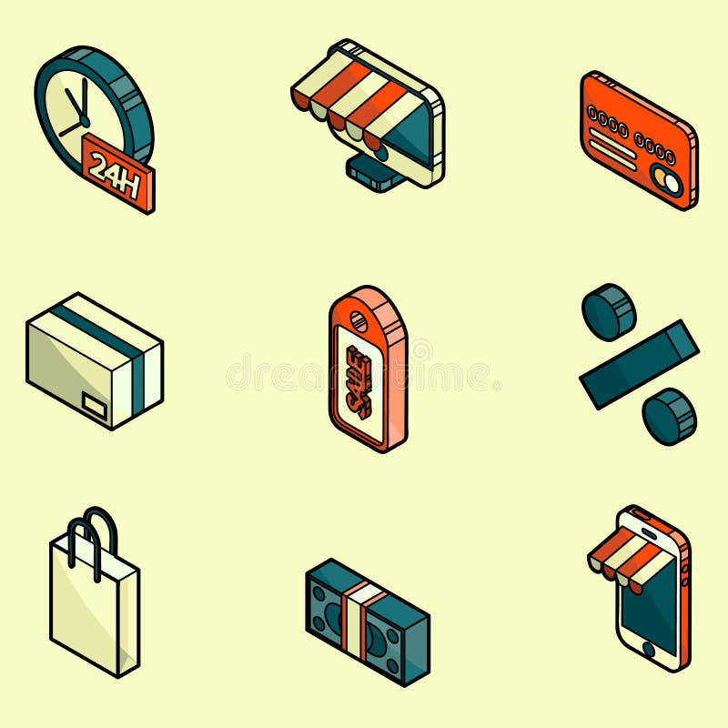 Shopping Color Outline Isometric Icons Stock Vector - Illustration of ...