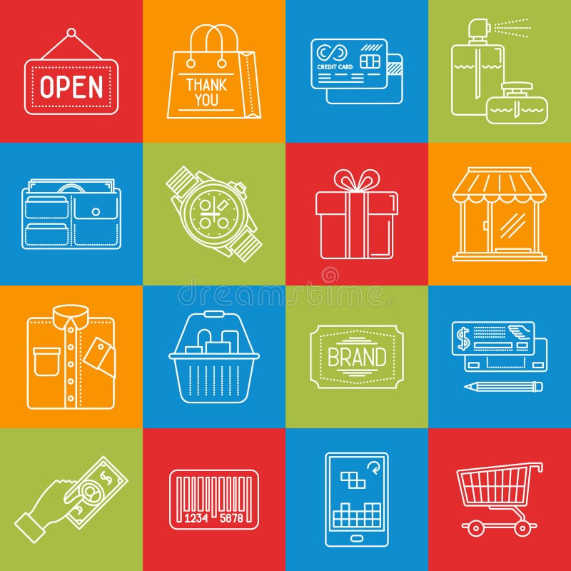 Shopping and Consumerism Lineart Minimal Vector Iconset on Multicolor ... Shopping and Consumerism Lineart Minimal Vector Iconset on Multicolor ...