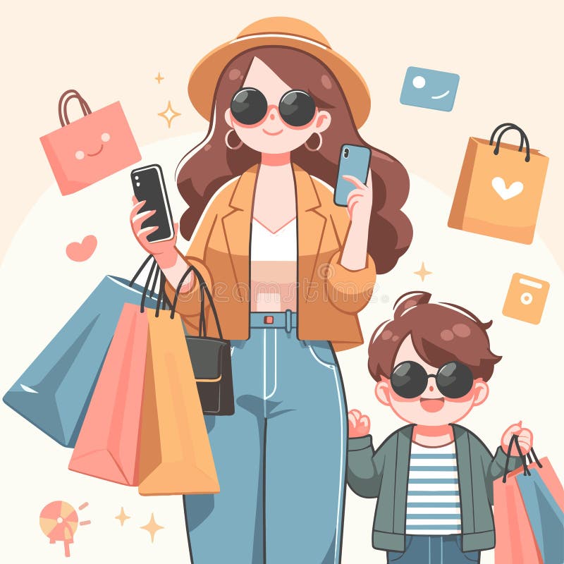 Shopping Day Mom and Kids Poster Vector Stock Illustration ...