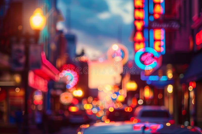 Shopping District with Blurred the Neon Signs and Illuminated ...