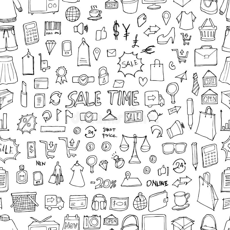 Shopping Doodle Background Seamless Pattern. Drawing Vector ...