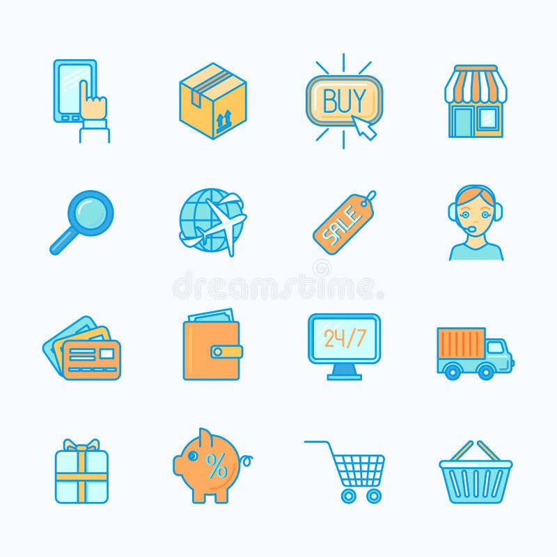 Shopping E-commerce Icons Set Flat Line Stock Vector - Illustration of pictogram, elements: 47292603