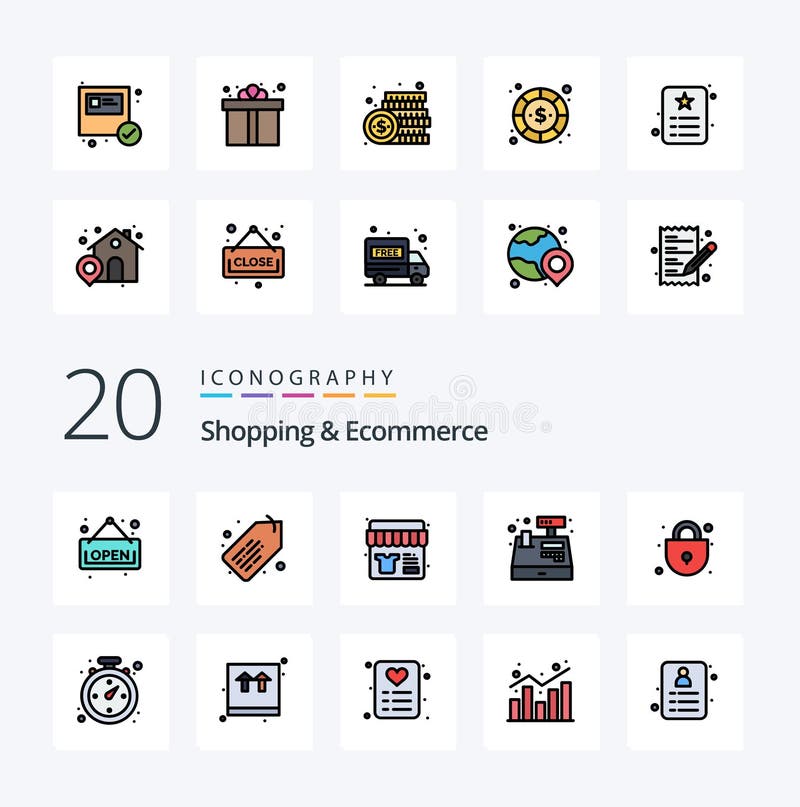 20 Shopping Ecommerce Line Filled Color Icon Pack Like Compass Security Shopping Lock Register ...