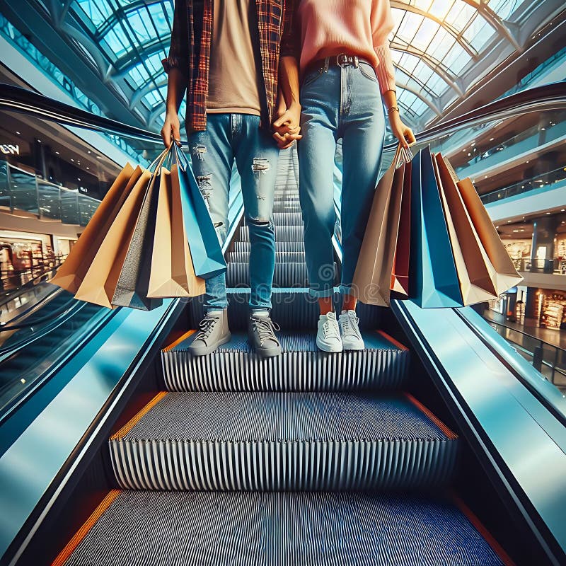 Shopping Hand in Hand on the Escalator of a Contemporary Shopping Mall ...