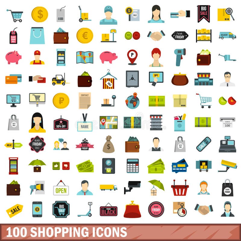 100 Shopping Icons Set, Flat Style Stock Vector - Illustration of ...