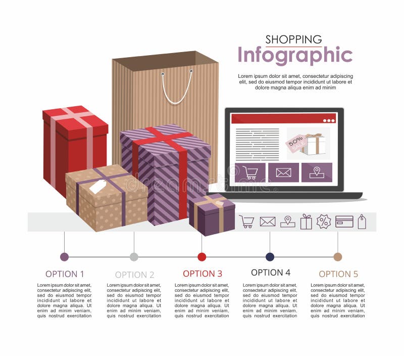 Shopping Infographic. Computer, Gifts and Shopping Bag Isolated on ...