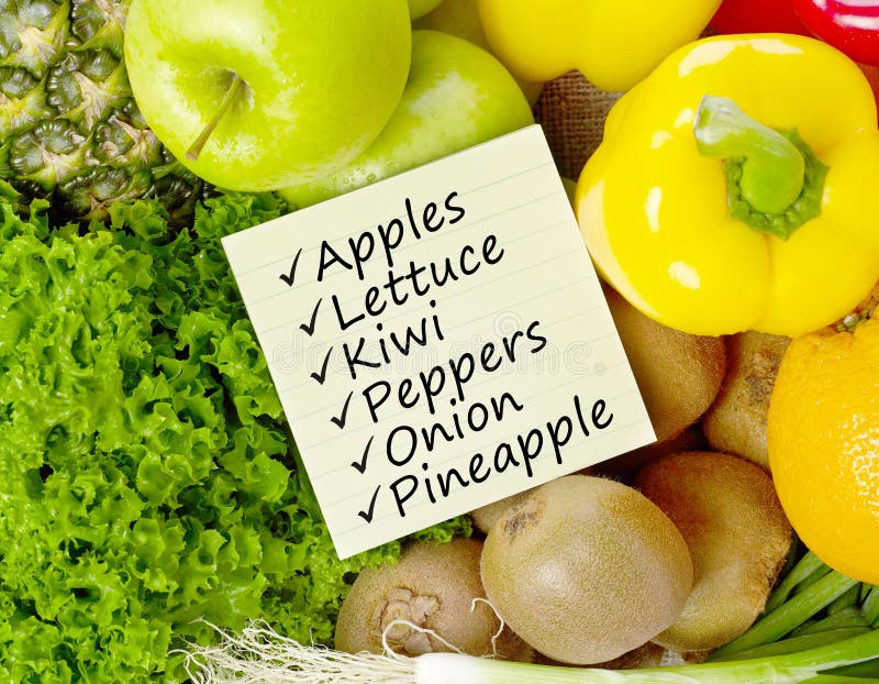 Shopping List on Fruits and Vegetable Stock Photo - Image of objects ...