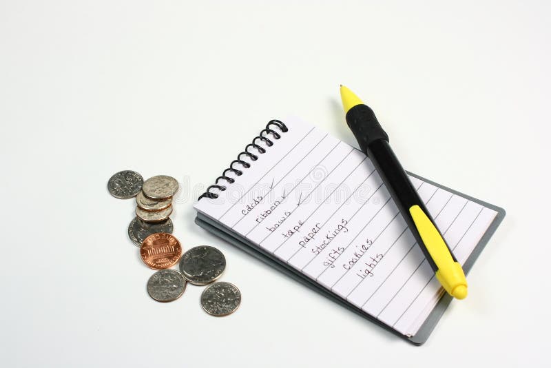 Shopping List, Pen, and Coins Stock Image - Image of black, spiral: 7331059