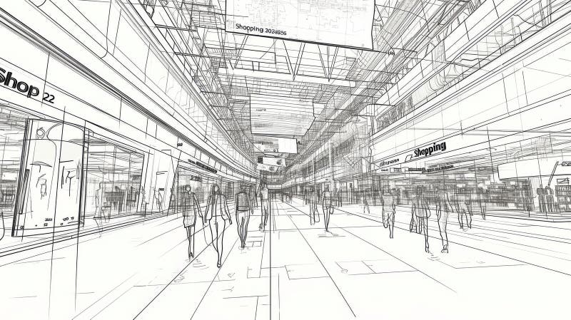 Shopping Mall Wireframe Illustration with Detailed Perspective Stock ...