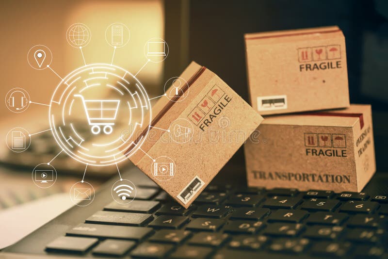 Shopping Online, E-commerce Concept: Cardboard Boxes with Icon Customer ...