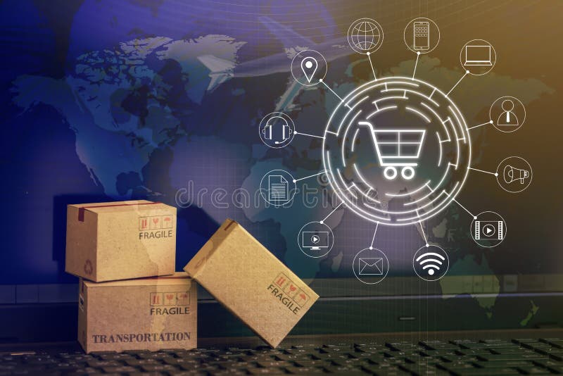 Shopping Online, E-commerce Concept: Cardboard Boxes with Icon Customer ...