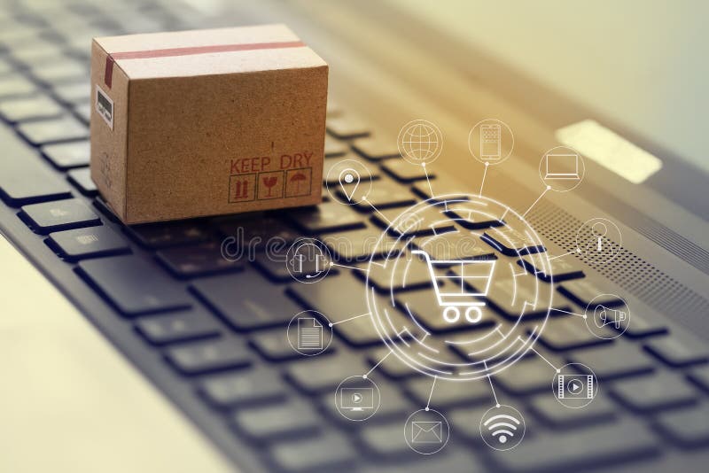 Shopping Online, E-commerce Concept: Cardboard Boxes with Icon Customer ...