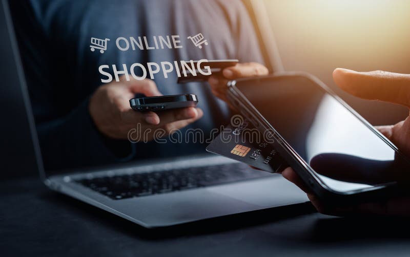 Shopping Online Payment Concept. Man Hand Using Computer for Banking ...