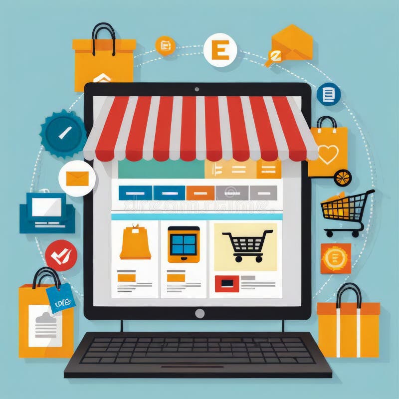 Shopping Online Store, Computer Screen with Icons and Symbols, Flat ...