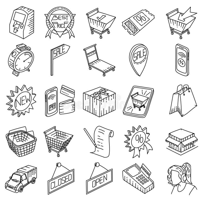 Shopping Set Icon Vector. Doodle Hand Drawn or Outline Icon Style Stock ...