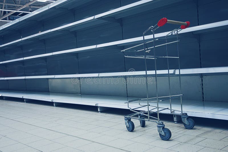 Shopping Trolley in Front of Empty Shelves in Grocery Store Stock Image ...
