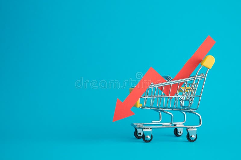 Shopping Trolley with Red Chart Falling Down on Blue Background Copy ...