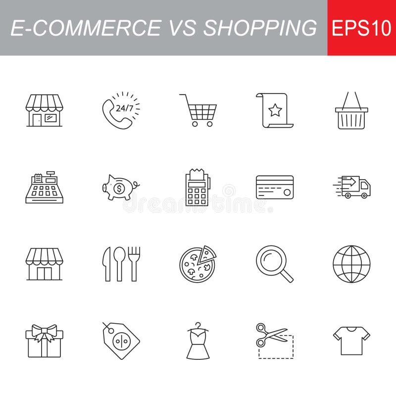 SHOPPING Vs E-COMMERCE Line Thin Icons Set. Vector Illustrations ...
