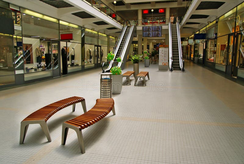 Shops, benches, escalators stock photo. Image of design - 29689362