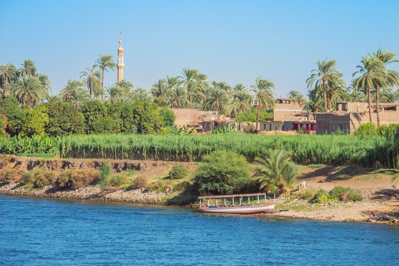 The Shore of the Nile with a Minaret of a Mosque in Armant Stock Image ...