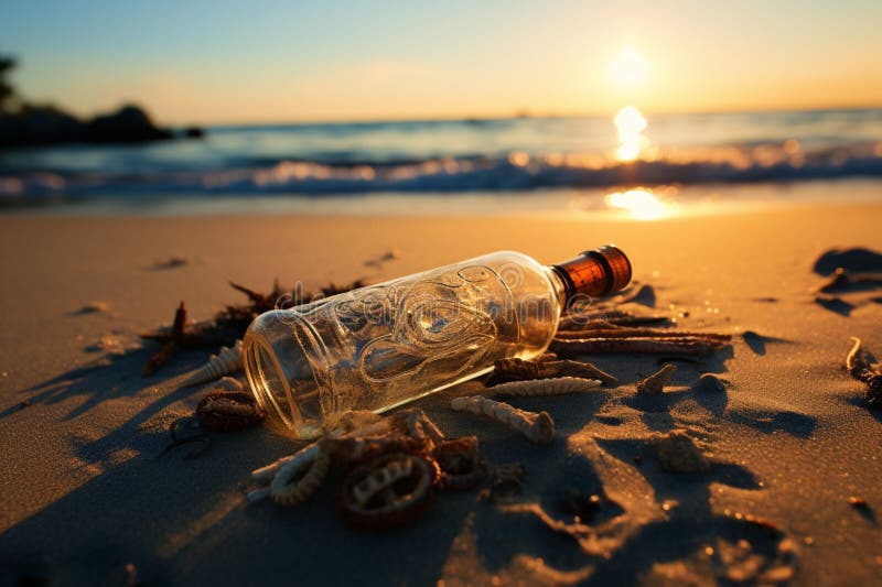 Shore Romance Message in a Bottle Against a Setting Sun Stock ...
