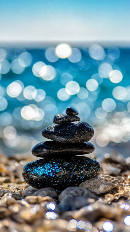 At the Shore, a Sense of Peace Prevails As Black Pebbles Form a Stack ...
