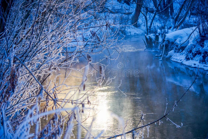 The Shore of a Small River in the Winter. Snow, Trees, Water Stock ...