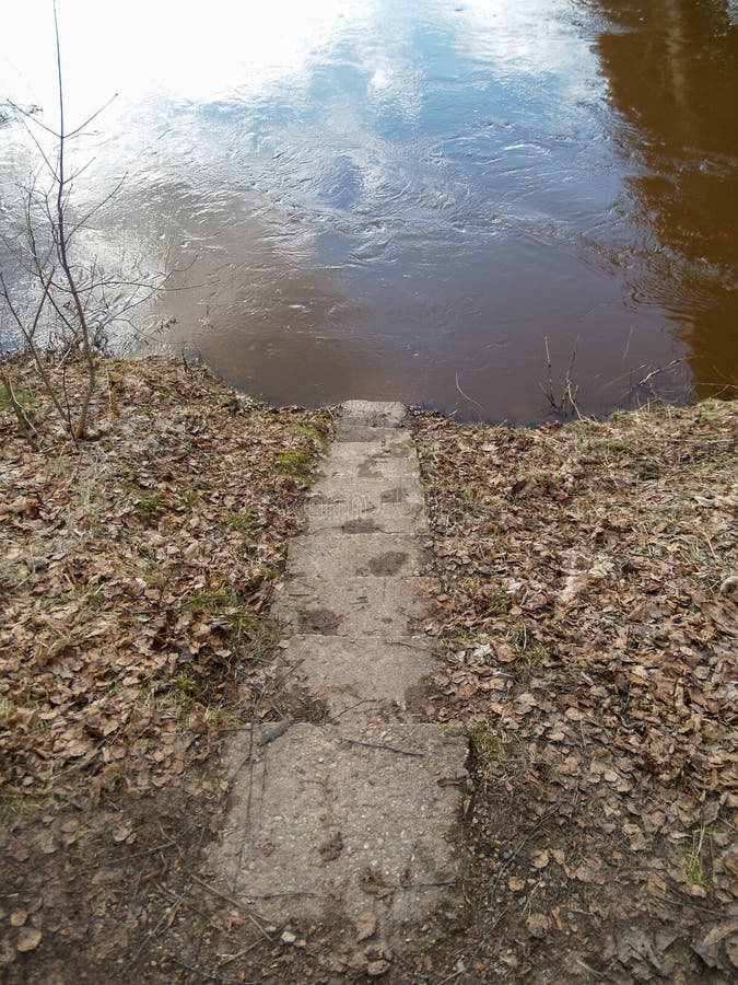 Shore Stairs Ending in Flood Water Stock Image - Image of floods, leaf ...