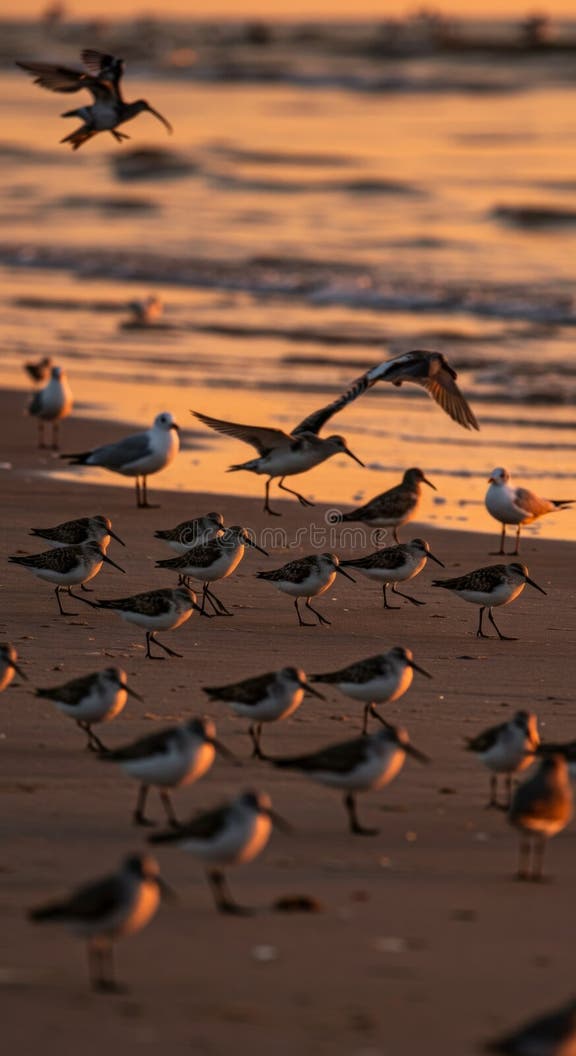 Shorebirds at Sunset on a Sandy Beach Stock Illustration - Illustration ...
