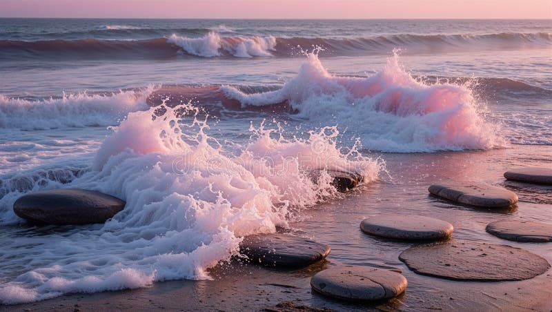 Shorebreak Curling Over Flat Stones with Water Shimmering Under Soft ...