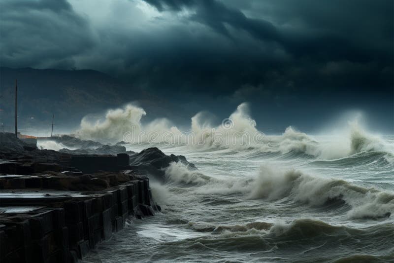 The Shoreline is Battered by a Sea Storm Under Cloudy Skies Stock ...
