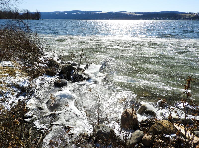Shoreline Ice Breaking Up on Otisco Lake FingerLakes in Winter Stock ...