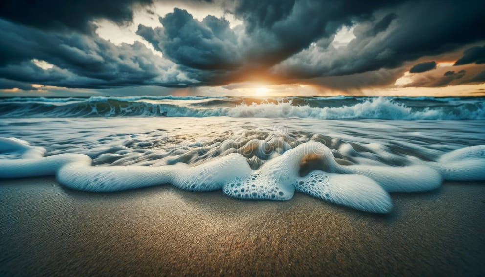 Shoreline with Waves Washing Over it, Dramatic Sky Overhead AI ...