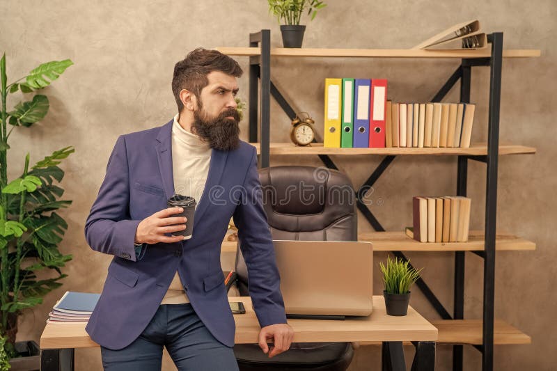 Short Break during the Working Day. Serious Imployee Hold Cup. Office ...